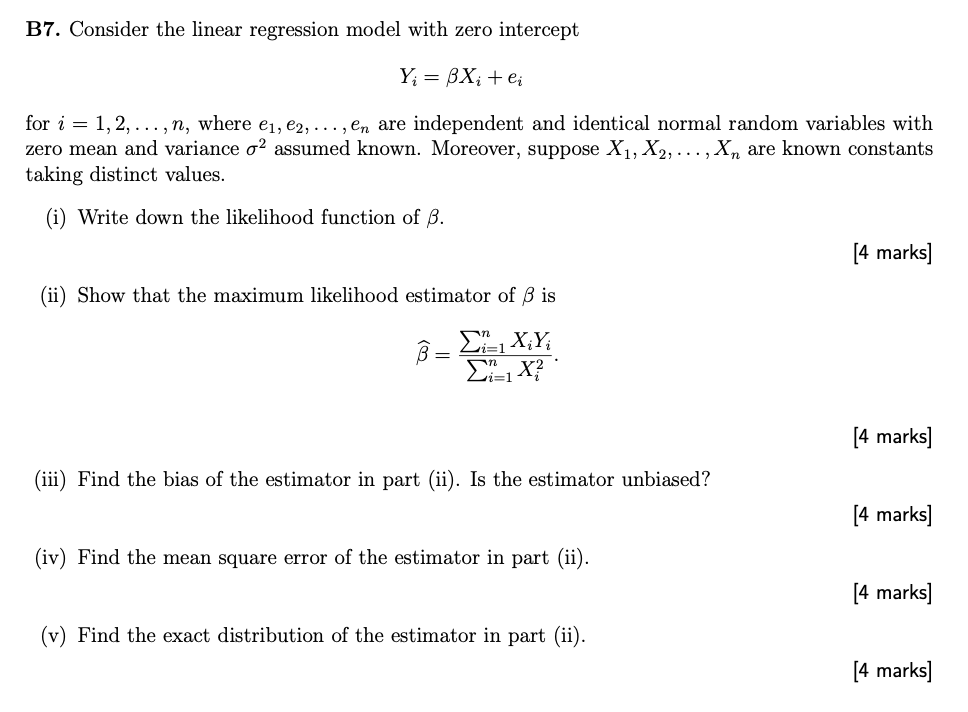 Solved B7. Consider the linear regression model with zero | Chegg.com