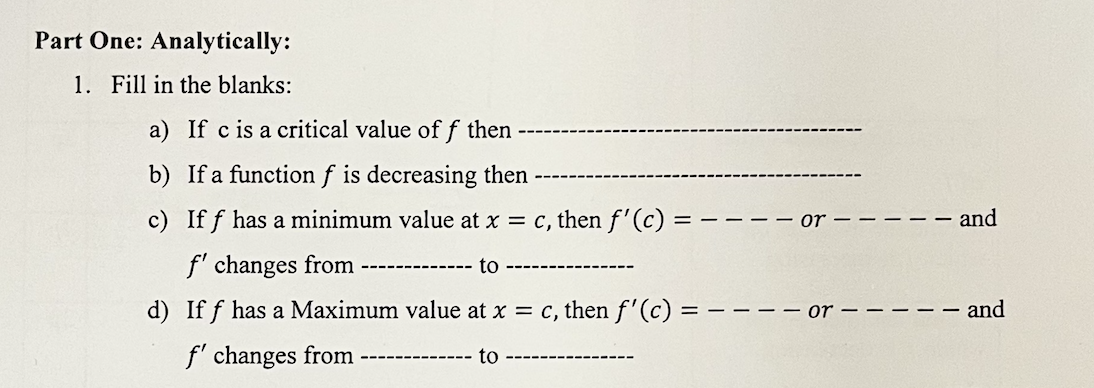 Solved Part One: Analytically:Fill in the blanks:a) ﻿If c | Chegg.com