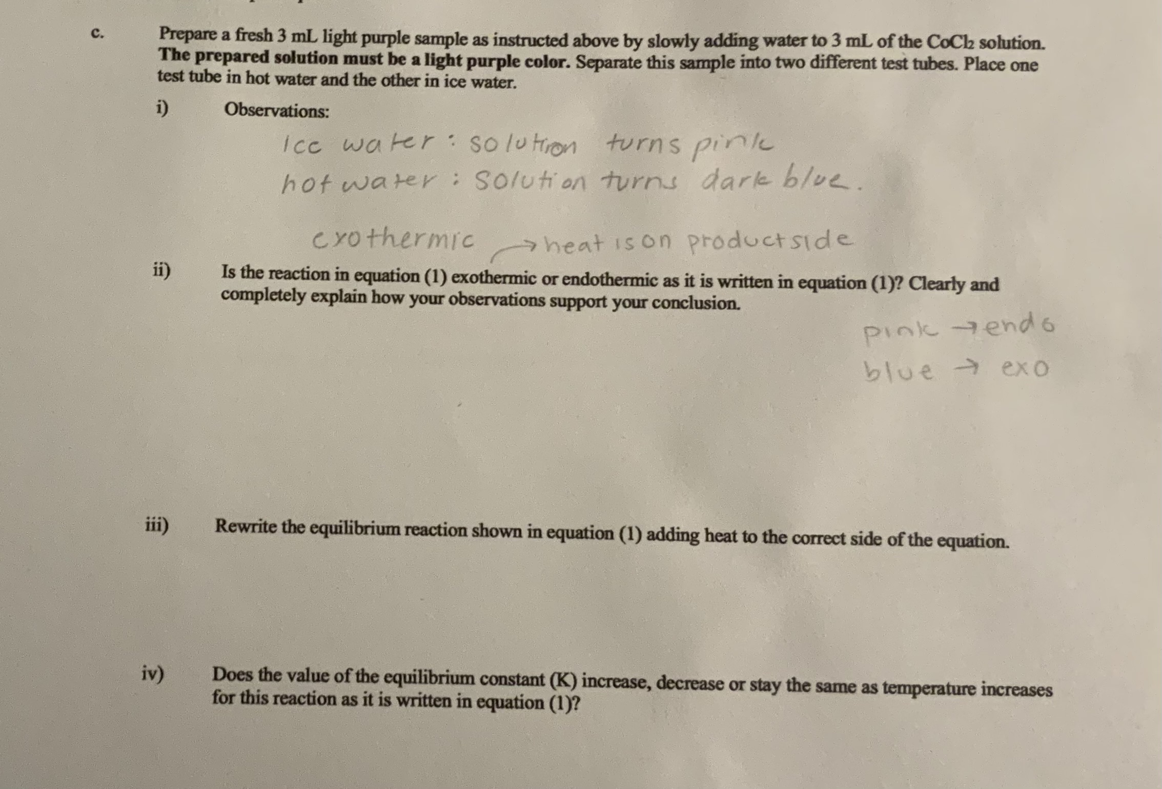 Solved 1. CoCl42−(aq) (blue) +6H2O(l)⇌Co(H2O)62+(aq)( pink | Chegg.com