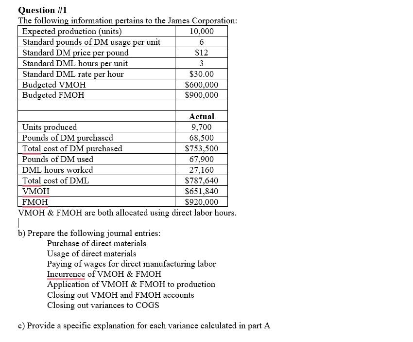 Question #1 VMOH \& FMOH are both allocated using | Chegg.com