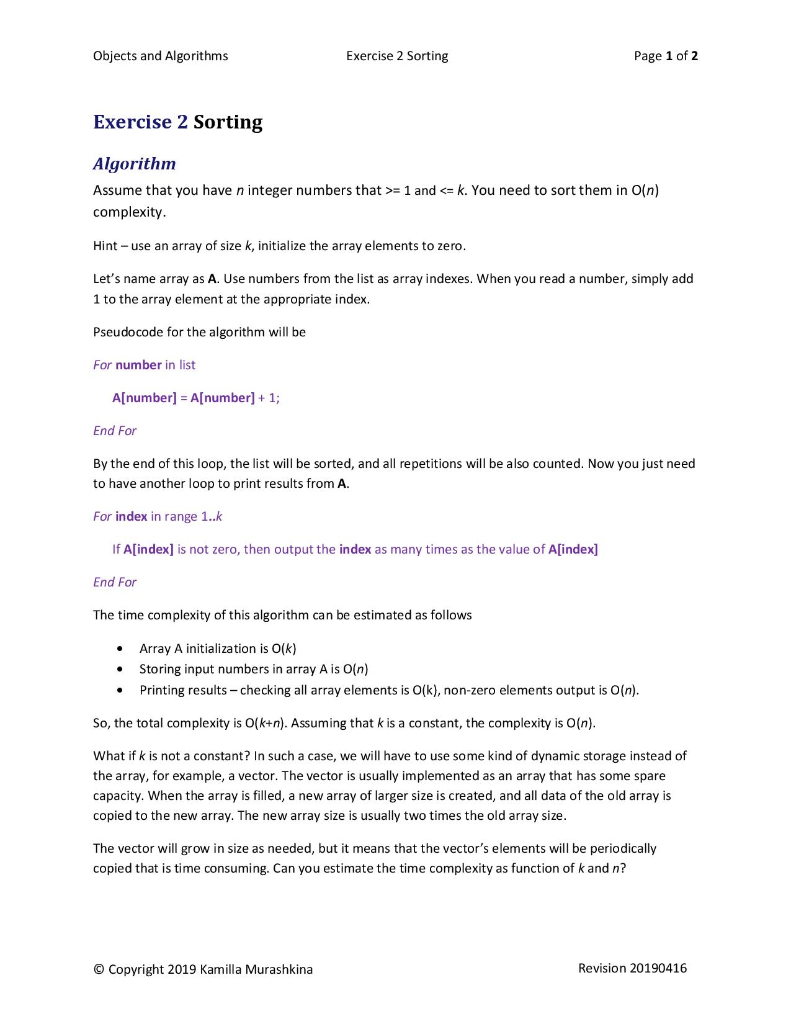 Solved Objects and Algorithms Exercise 2 Sorting Page 1 of 2 | Chegg.com
