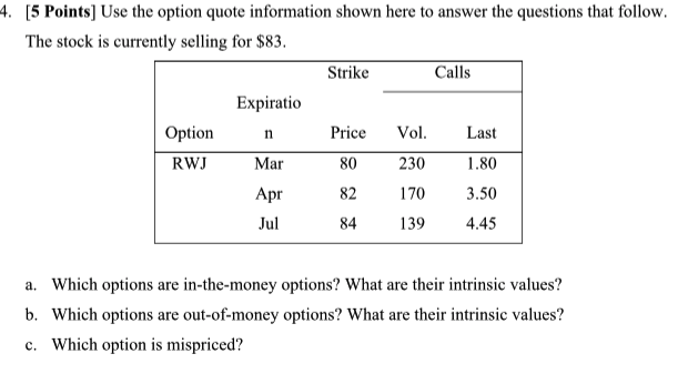 Solved 4. [5 Points] Use the option quote information shown | Chegg.com