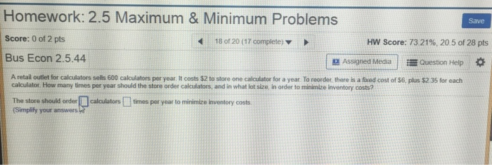 Solved Homework: 2.5 Maximum & Minimum Problems Score: 0 of | Chegg.com