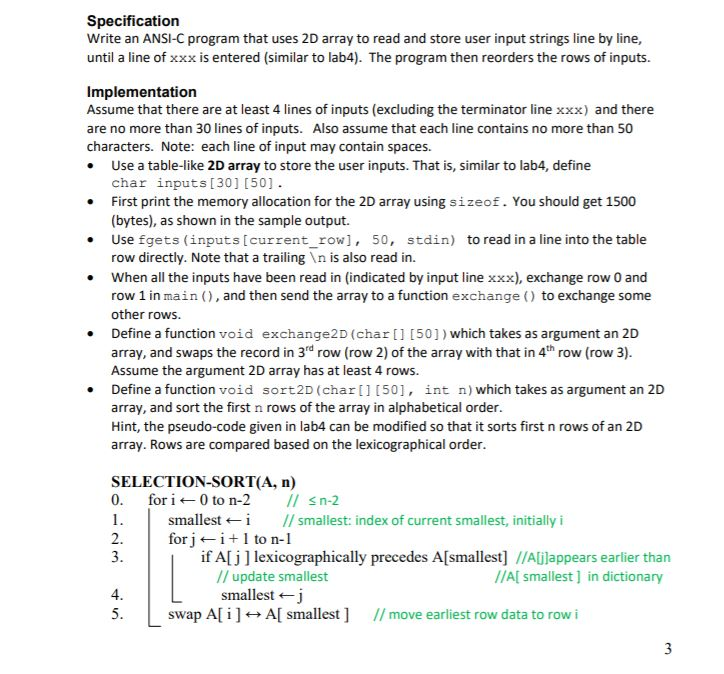 Specification Write an ANSI-C program that uses 2D | Chegg.com
