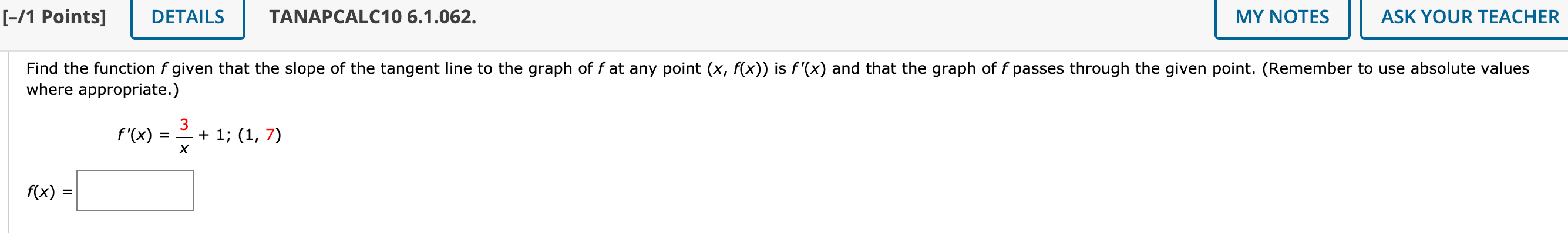 Solved (-/1 Points] DETAILS TANAPCALC10 6.1.062. MY NOTES | Chegg.com
