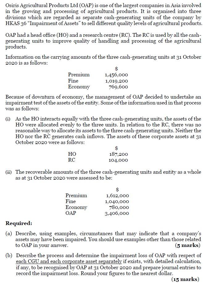 Solved Osiris Agricultural Products Ltd (OAP) is one of the | Chegg.com