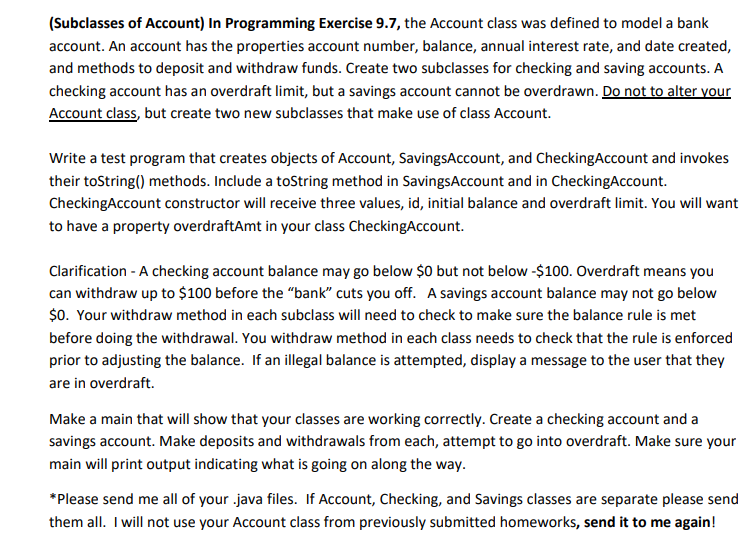 Solved Checking Account Subclass of Account in Java: I am | Chegg.com
