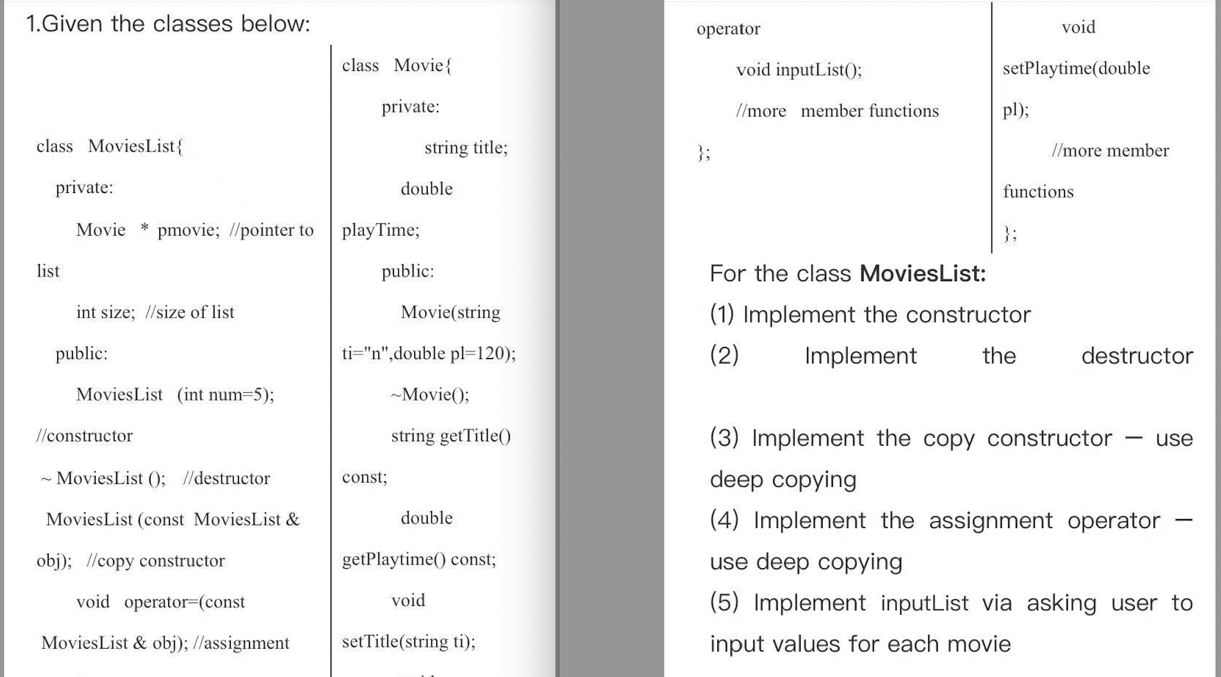 Solved 1. Given the classes below: operator void class Movie | Chegg.com