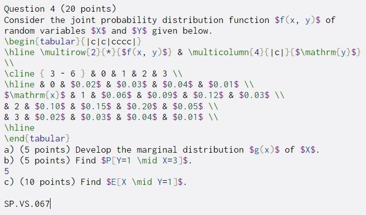 Solved - Question 4 (20 points) Consider the joint | Chegg.com