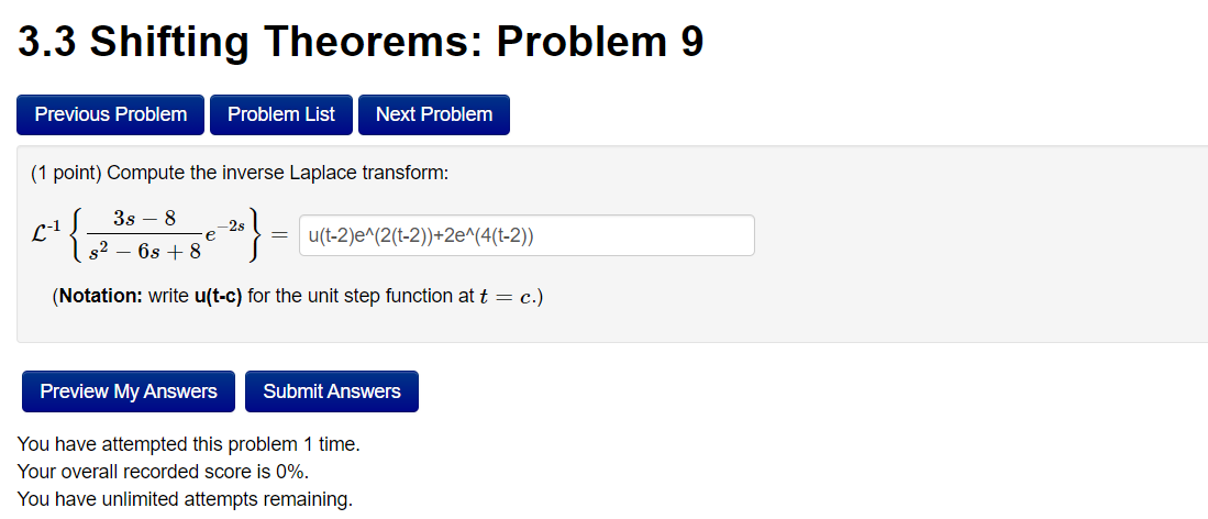 Solved 3.3 Shifting Theorems: Problem 9 Previous Problem | Chegg.com