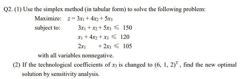 Solved Q2. (1) Use the simplex method (in tabular form) to | Chegg.com