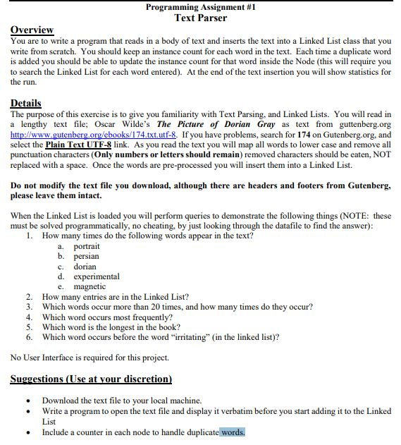 Solved Programming Assignment #1 Text Parser Overview You | Chegg.com