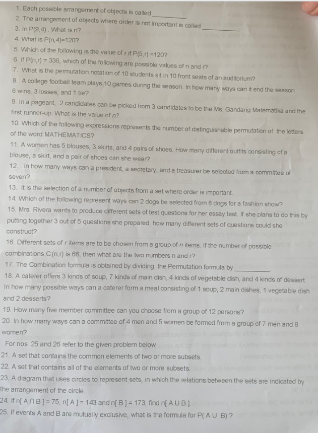Solved 2. The arrangement of objects where order is not | Chegg.com