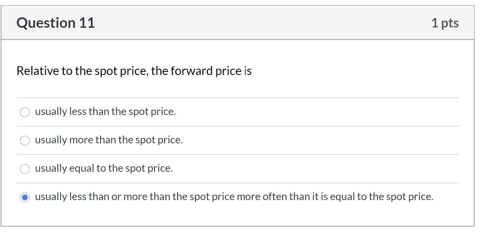 Solved Question 11 1 pts Relative to the spot price, the | Chegg.com