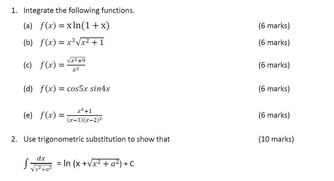 Solved 1. Integrate the following functions. (a) | Chegg.com