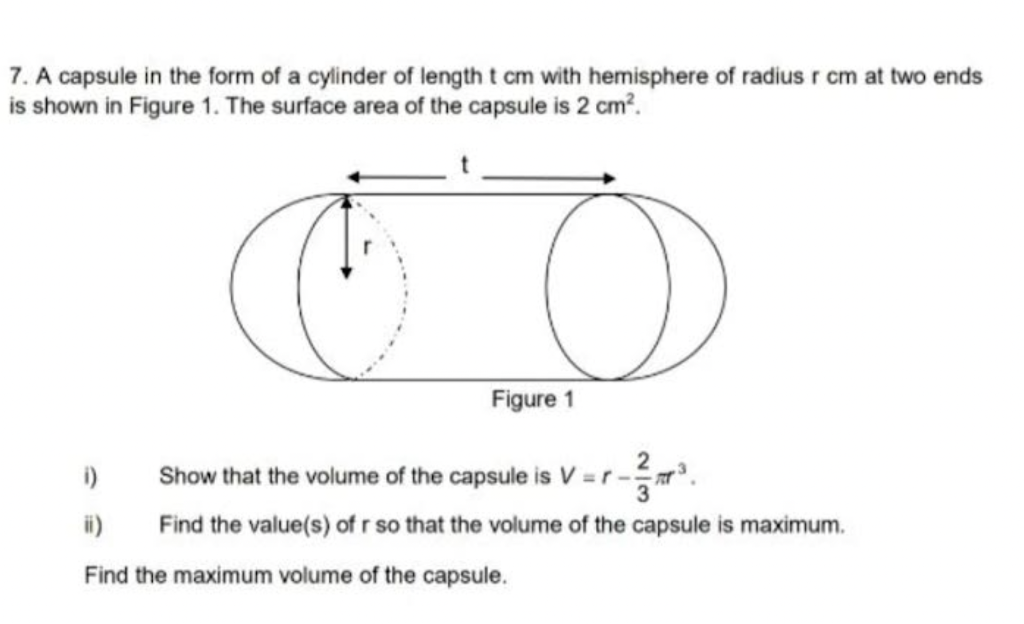 Solved 7. A capsule in the form of a cylinder of length t cm | Chegg.com