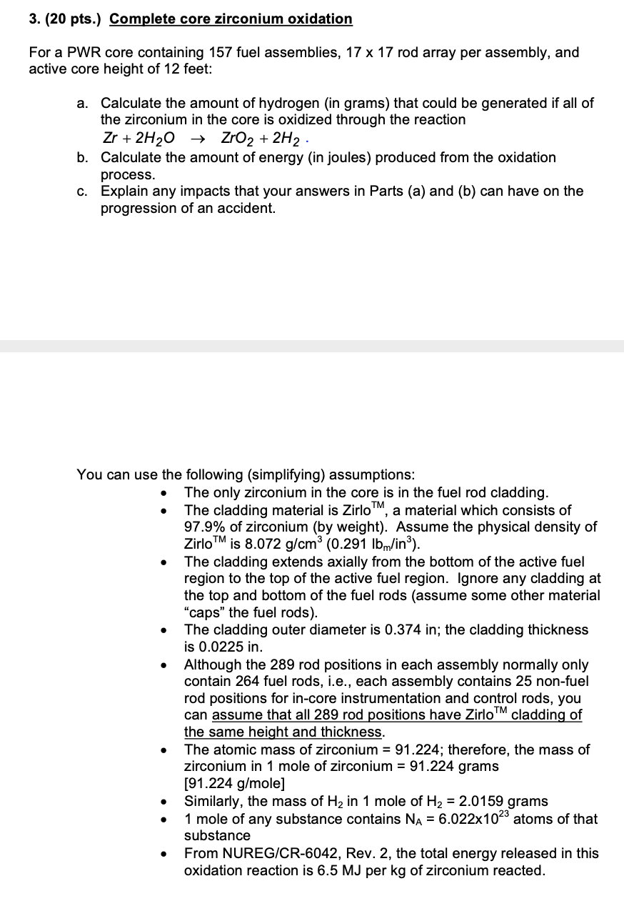 3. (20 pts.) Complete core zirconium oxidation For a | Chegg.com