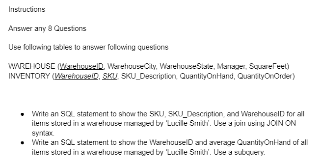 Solved Instructions Answer any 8 Questions Use following | Chegg.com