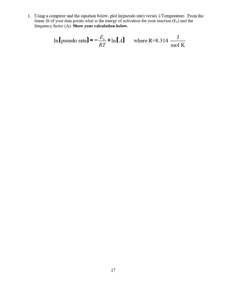 Experiment #4 Chemical Kinetics, Temperature and | Chegg.com