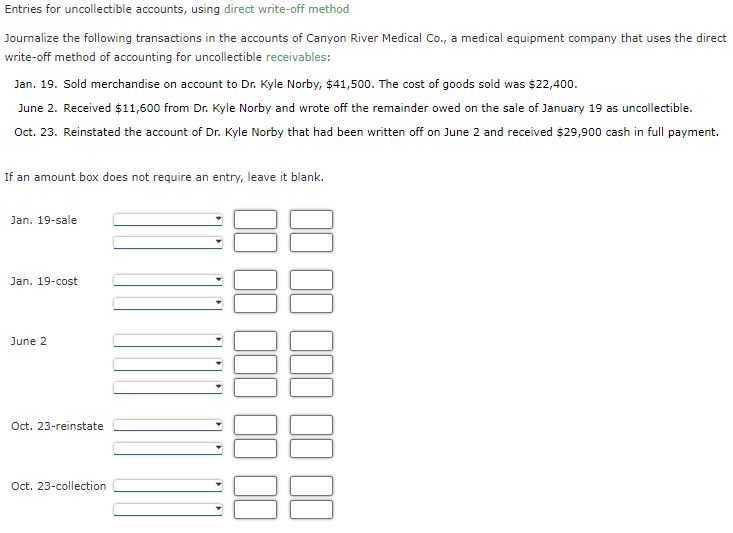 Solved Entries for uncollectible accounts, using direct | Chegg.com