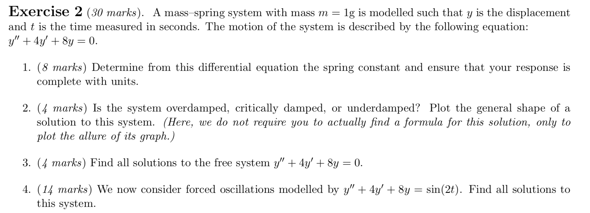 Solved Exercise 2 (30 marks). A mass-spring system with mass | Chegg.com