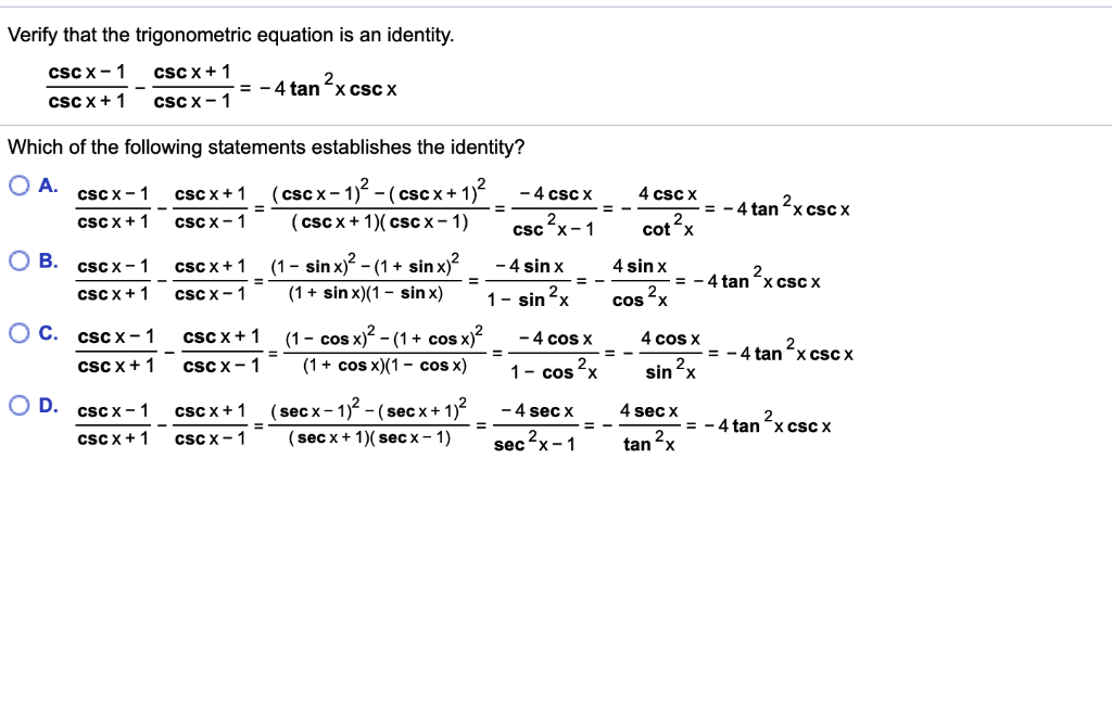 Solved Verify that the trigonometric equation is an identity | Chegg.com