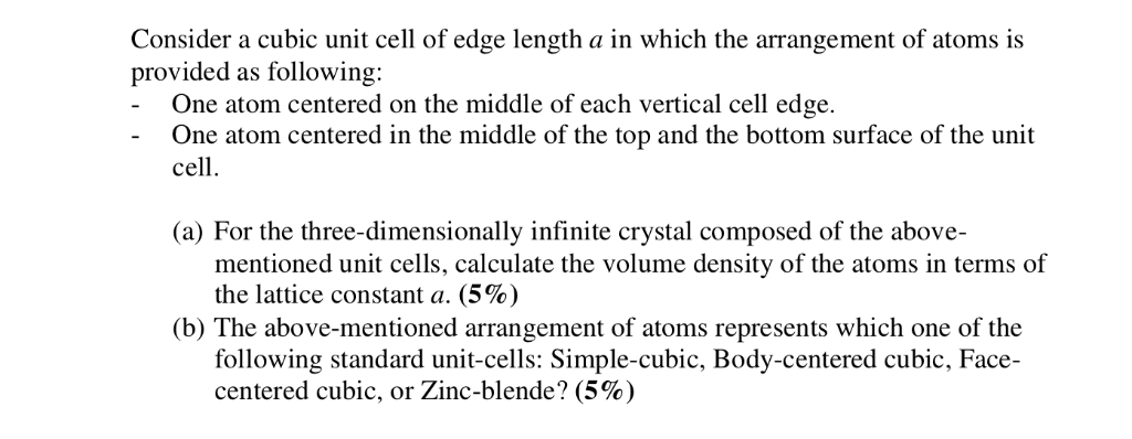 Solved Consider a cubic unit cell of edge length a in which | Chegg.com