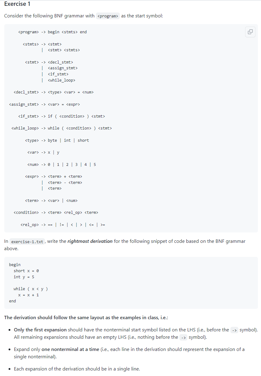 Solved Exercise 1 Consider the following BNF grammar with | Chegg.com