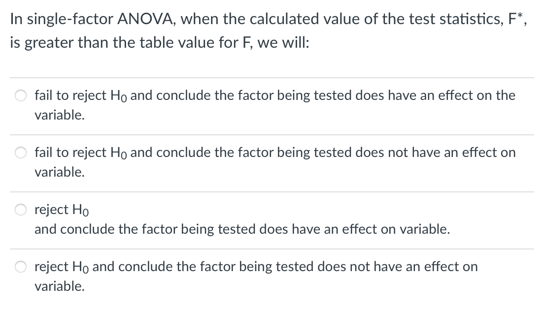 Solved In single-factor ANOVA, when the calculated value of | Chegg.com