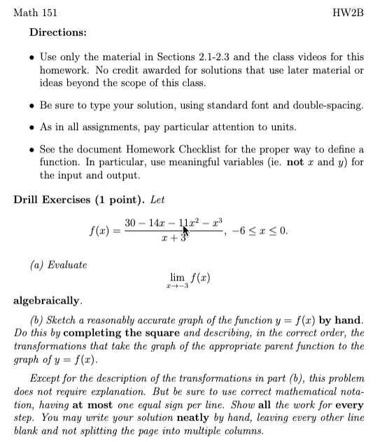 Solved HW2B Math 151 Directions: • Use only the material in | Chegg.com