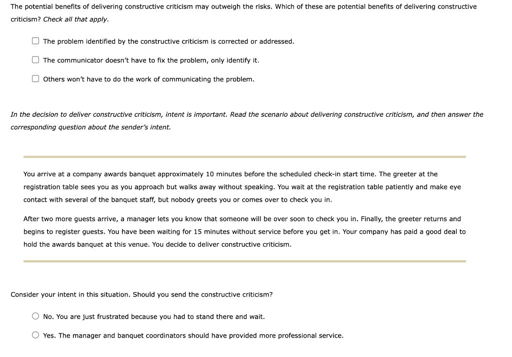 Solved The potential benefits of delivering constructive | Chegg.com