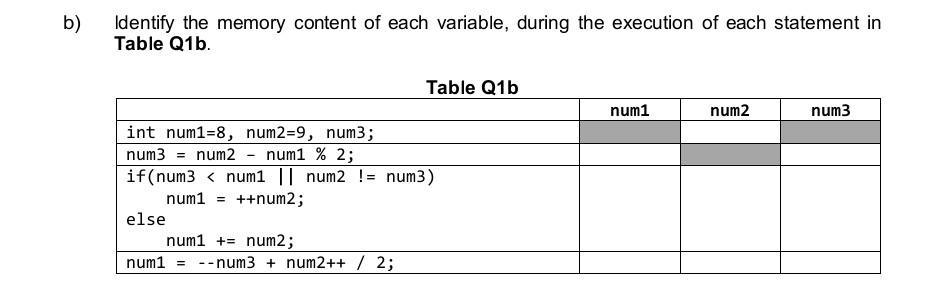 Solved Identify the memory content of each variable, during | Chegg.com
