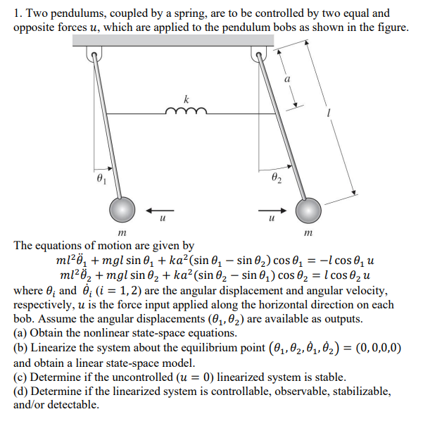 Solved 1. Two pendulums, coupled by a spring, are to be | Chegg.com