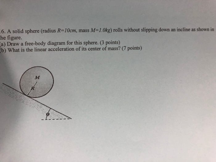 Solved 6. A solid sphere (radius R-10cm, mass M-1.0kg) rolls | Chegg.com