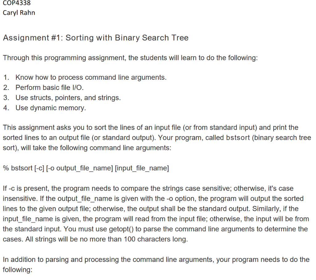 COP4338 Caryl Rahn Assignment #1: Sorting with Binary | Chegg.com