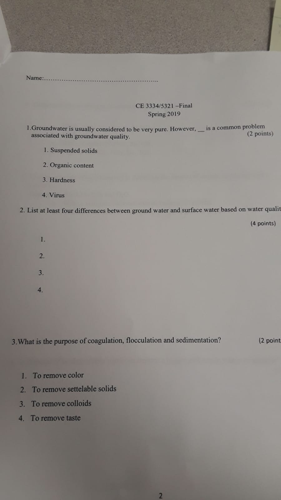 Solved Name:.... CE 3334/5321 -Final Spring 2019 1. | Chegg.com