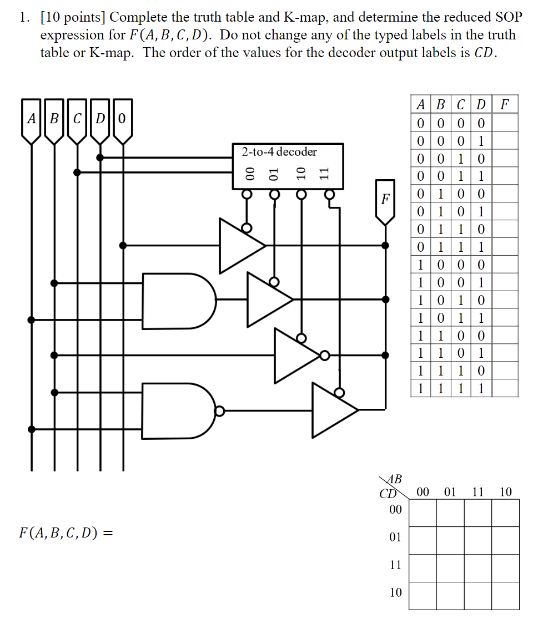 Solved 1 [10 Points] Complete The Truth Table And K Map