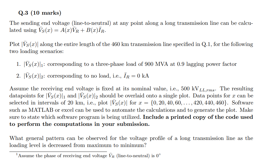 Q.3 (10 marks) The sending end voltage | Chegg.com