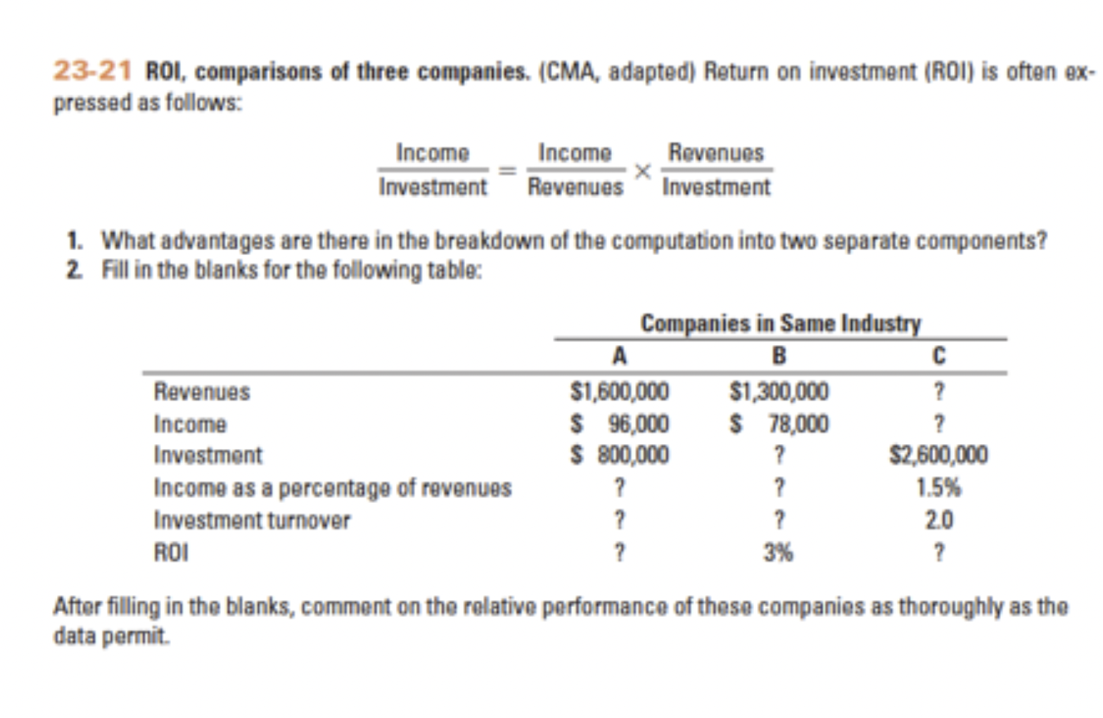 Solved 23-21 ROI, comparisons of three companies. (CMA, | Chegg.com