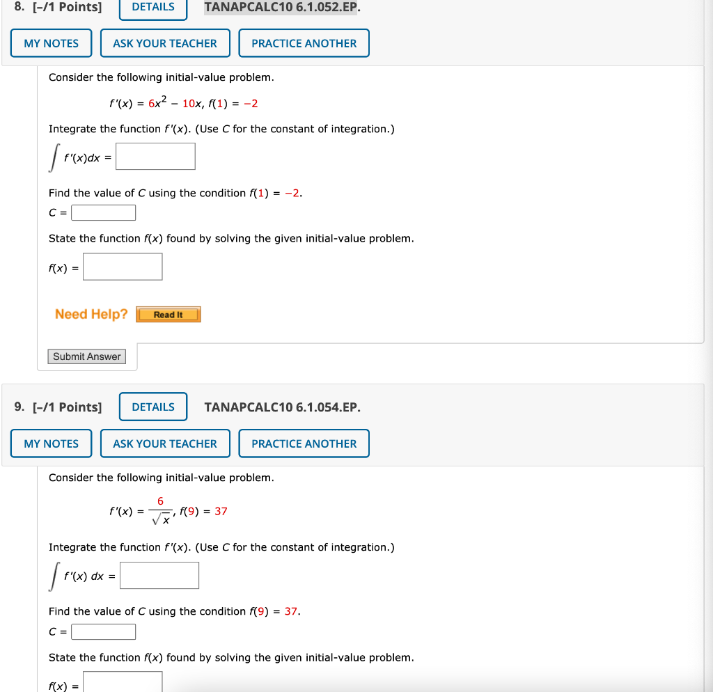 Solved 8. [-11 Points] DETAILS TANAPCALC10 6.1.052.EP. MY | Chegg.com