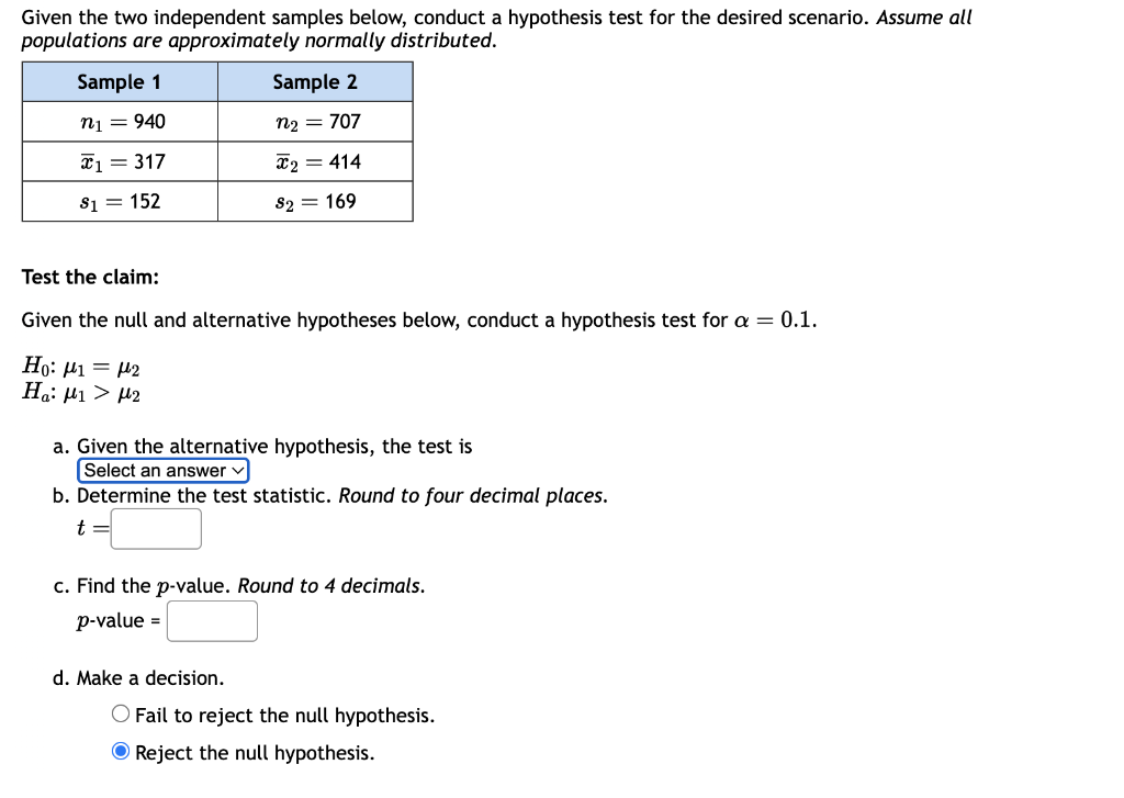 Solved Given the two independent samples below, conduct a | Chegg.com
