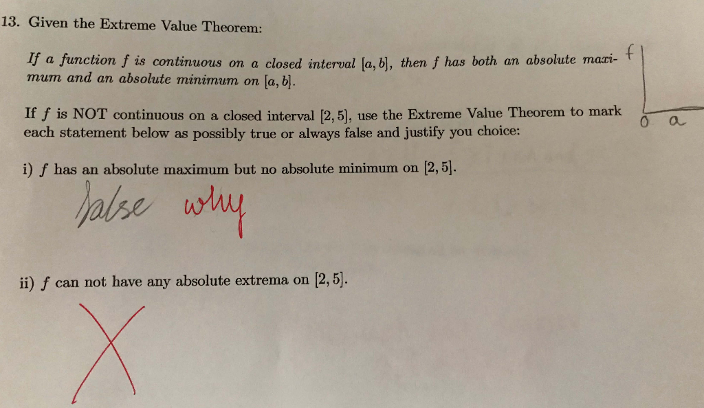 Solved 13. Given the Extreme Value Theorem: If a function f | Chegg.com