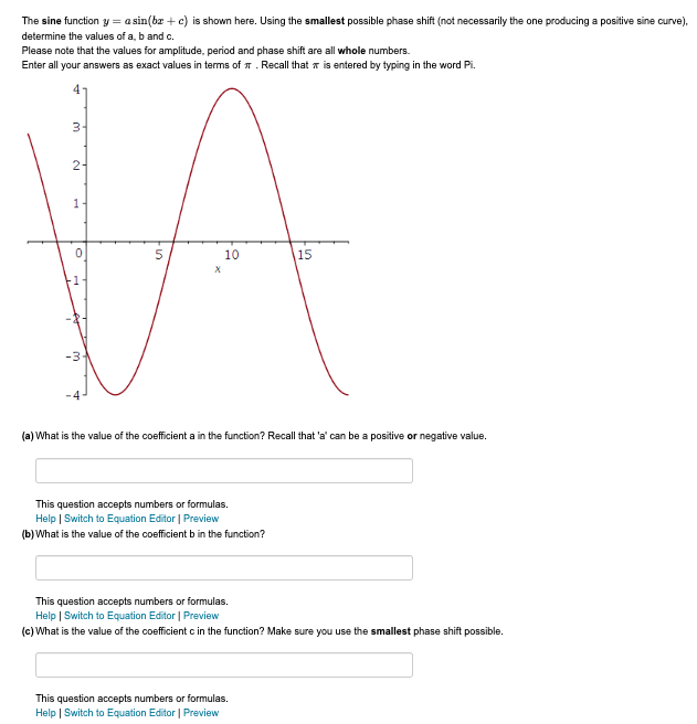 Solved The sine function y=asin(bx+c) is shown here. Using | Chegg.com