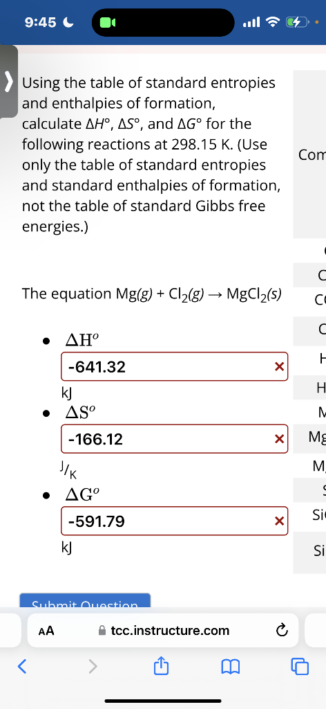Solved Using the table of standard entropies and enthalpies | Chegg.com