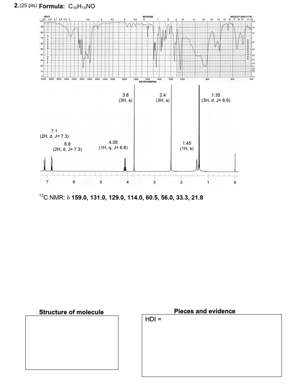 Solved pts) ﻿Formula: C10H15NO?13C ﻿NMR: | Chegg.com