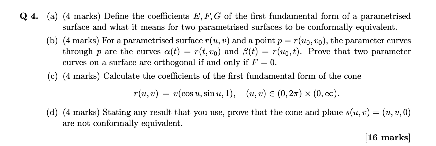Solved 4. (a) (4 marks) Define the coefficients E,F,G of the | Chegg.com
