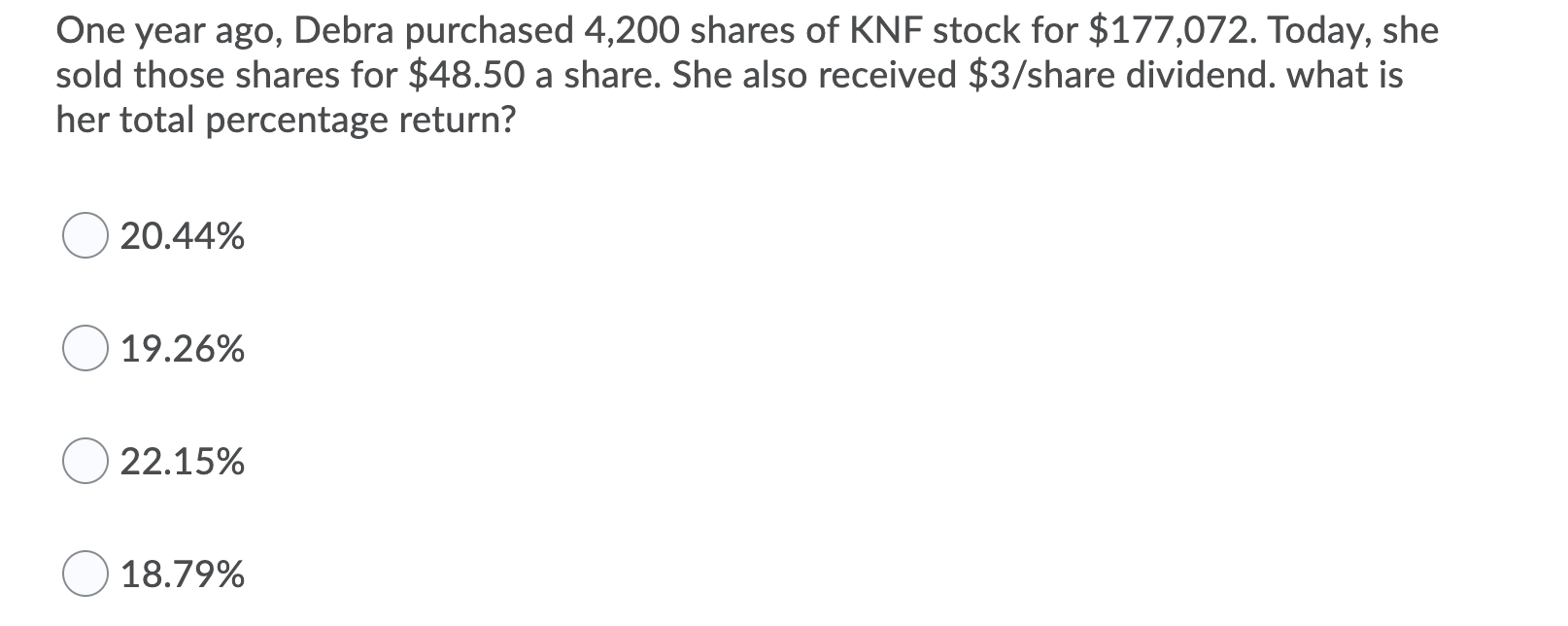 Solved One year ago, Debra purchased 4,200 shares of KNF | Chegg.com