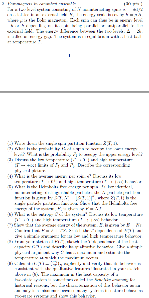 Solved 2. Paramagnets in canonical ensemble. (30 pts.) For a | Chegg.com