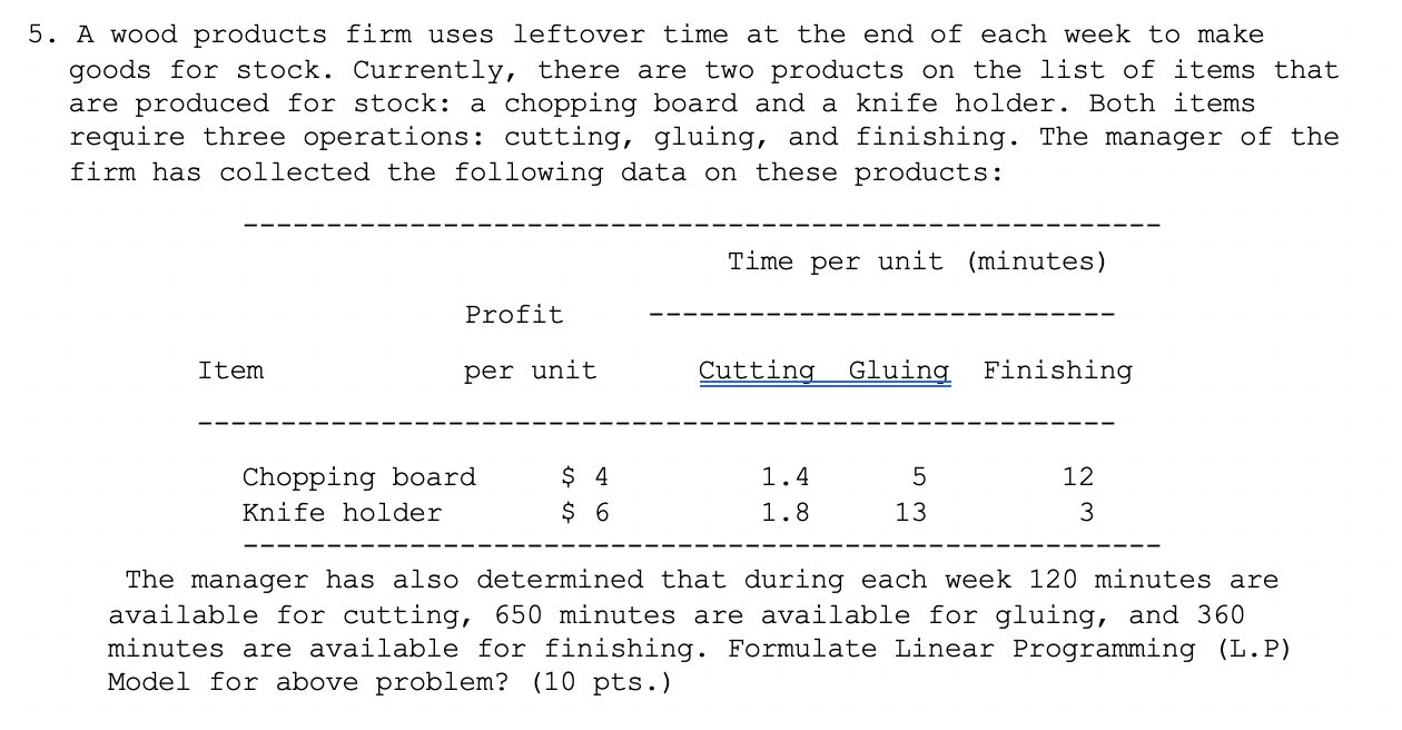 Solved 5. A wood products firm uses leftover time at the end | Chegg.com