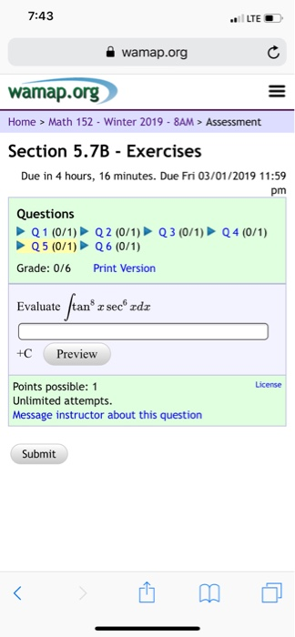 Solved 7:43 a wamap.org wamap.org Home>Math 152- Winter | Chegg.com